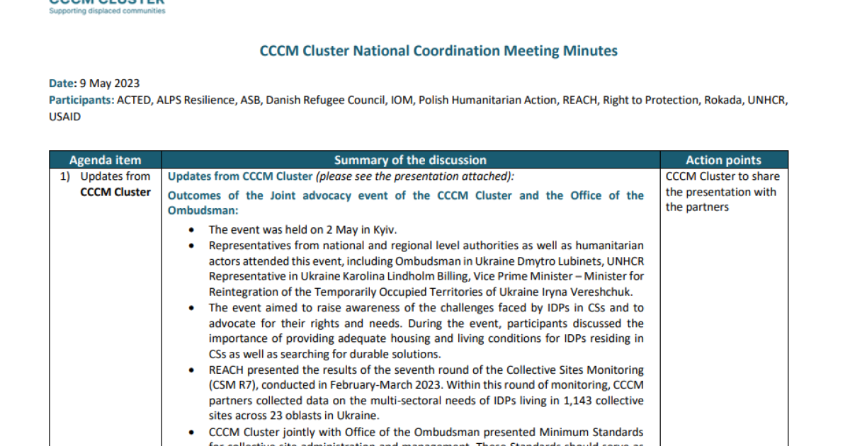 Ukraine: CCCM Cluster National Coordination Meeting Minutes: 9 May 2023 ...