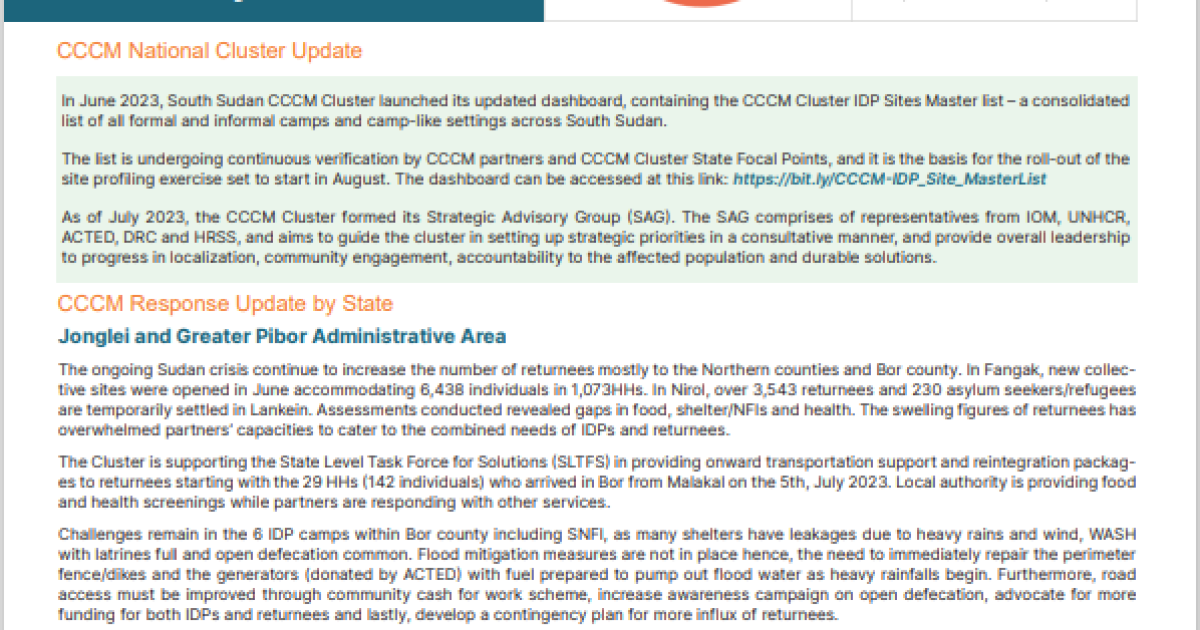 South Sudan: CCCM Cluster Monthly Situational Report June - July 2023 | CCCM Cluster