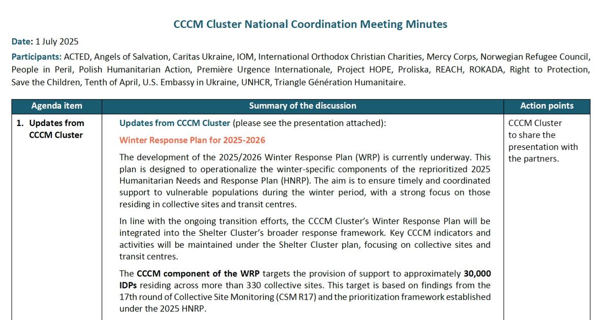Ukraine: CCCM Cluster National Coordination Meeting Minutes, 1 July ...